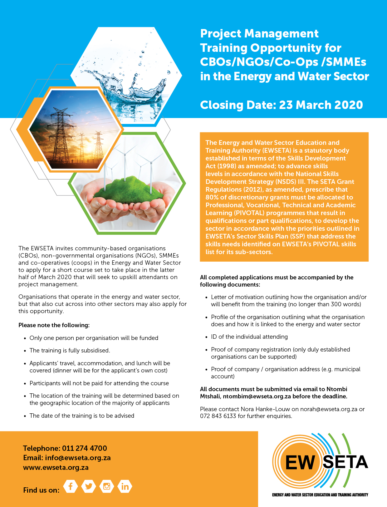 Project Management Training Opportunity - Energy & Water SETA